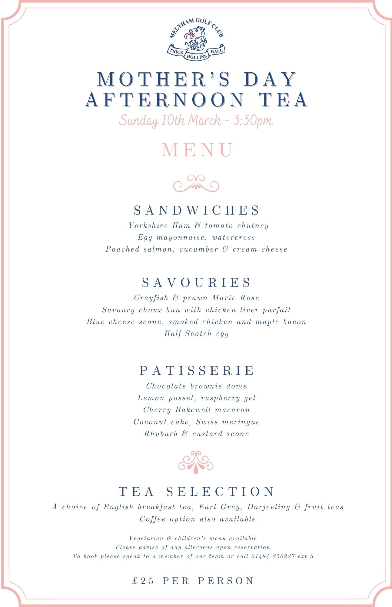 Mothers Day Afternoon Tea | Sunday 10th March | Meltham Golf Club